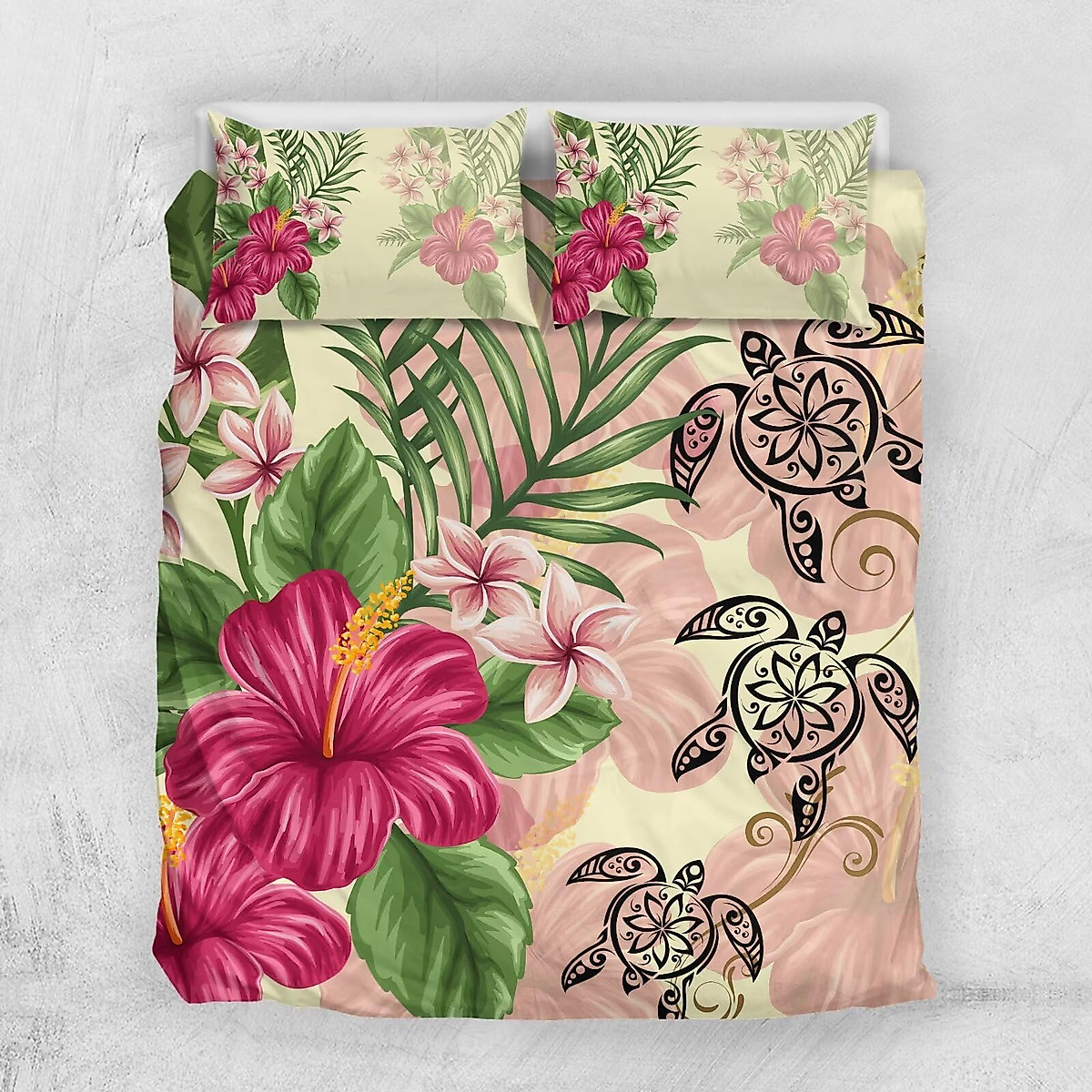 Gearider Pink Tropical Hibiscus Floral Printed Duvet Cover, Mandala Turtle Soft Bedding Set, 3 Pieces, Zipper Closure & 2 Pillow Shams - Size Queen