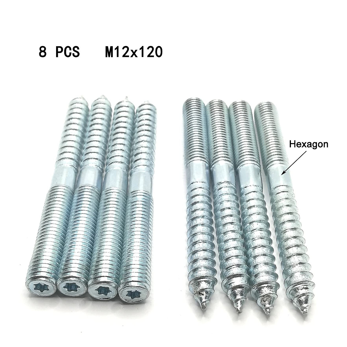Haozheng Hanger Bolt M12x120 Silvery Double Headed Bolt Self-Tapping Screw with Hexagon for Furniture 8Pcs