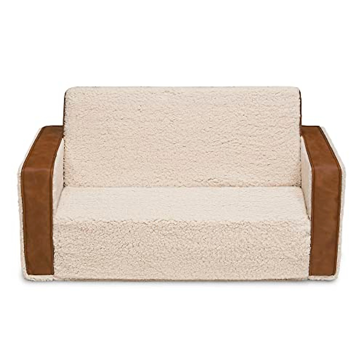 Delta Children Cozee Flip-Out Sherpa 2-in-1 Convertible Sofa to Lounger for Kids, Cream Sherpa/Faux Leather