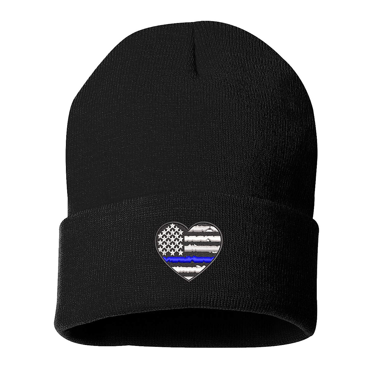 DSY Lifestyle Police Heart Unisex Beanie Hat - Thin Blue Line Heart Beanie (Black)