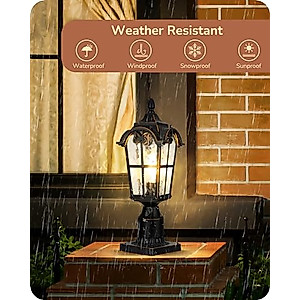 EDISHINE Dusk to Dawn Outdoor Post Light with Pier Mount Base, Black Roman Waterproof Pole Lantern Fixture, Water Ripple Glass Exterior Lamp Post Light for Driverway, Patio, Pathway