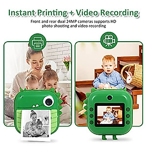 AURTEC Instant Camera for Kids, Mini Thermal Printing Camera, No Ink Required, 48MP Dual Camera,1080P HD Video, 32G TF Card, 3 Print Paper, 2.4 Inch Color Screen, Cute Animal Cartoon Design, Dinosaur