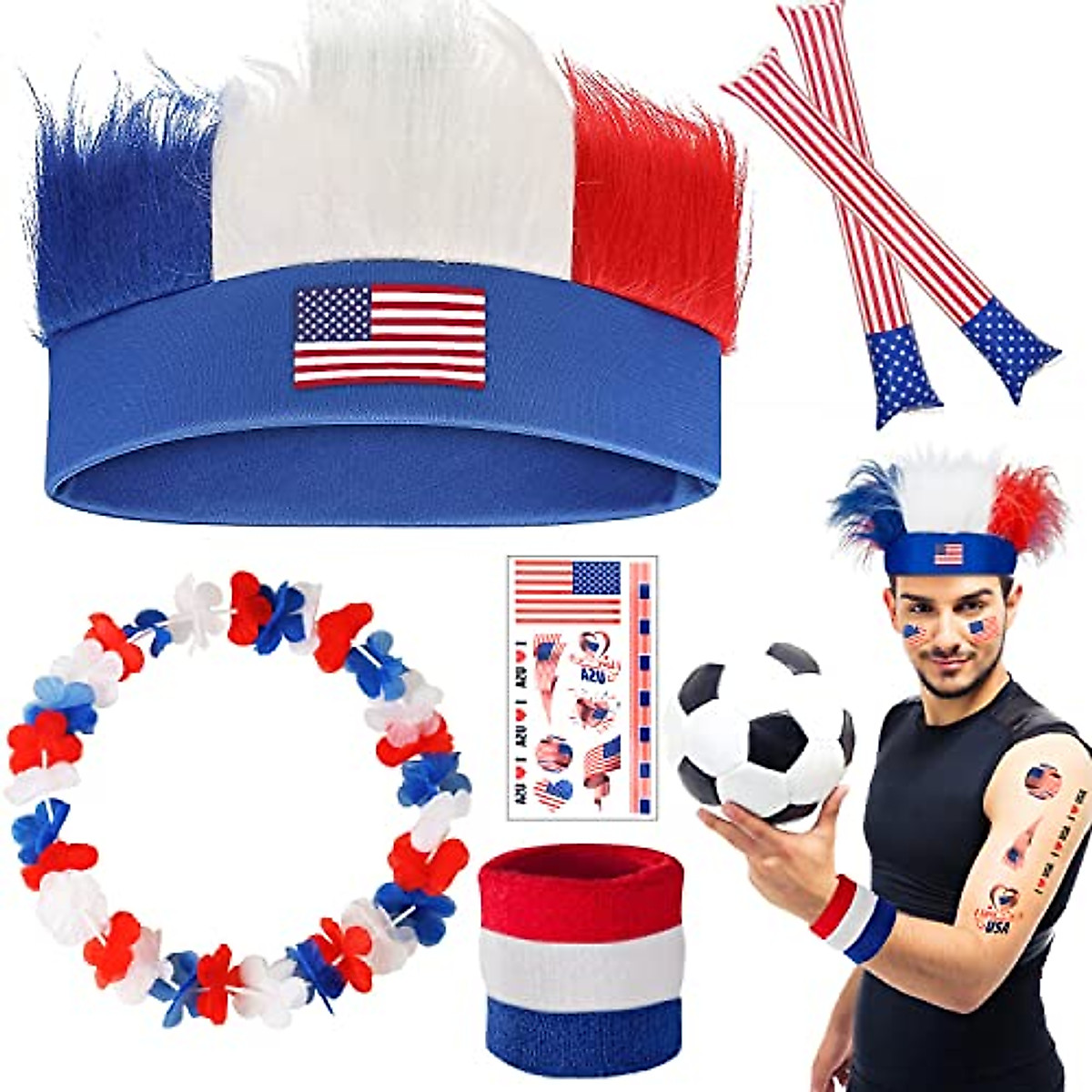 MOVINPE American Patriotic Accessories, USA Flag Wig, Red White and Blue Flower Leis Thunder Sticks Wristband Tattoos, Decoration for World Cup Soccer Supporters, Independence Celebration 4th of July