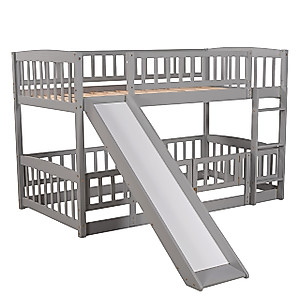 Twin Over Twin Bunk Bed with Fence Door,Slide and Ladder - Bunk Bed for Family, Kids, Teens,No Box Spring Needed