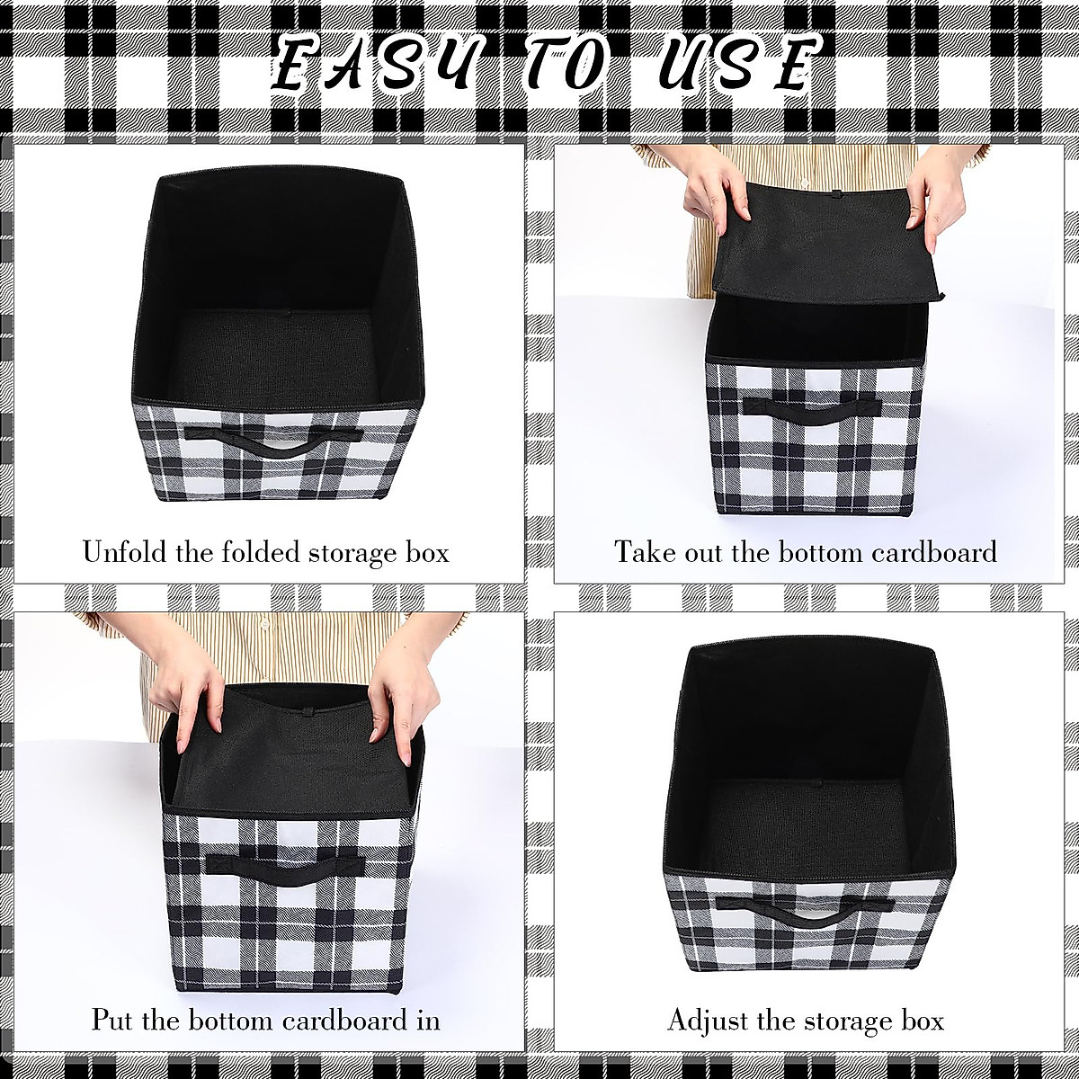 Suzile 6 Pcs Buffalo Plaid Storage Bins Christmas 10'' Buffalo Plaid Foldable Fabric Storage Cube with Handles Christmas Basket Storage Box Organizers for Toys Shelf Closet Home Gift (Black and White)