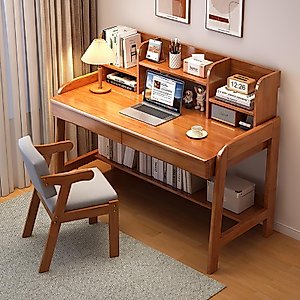 Solid Wood Writing Desk, Mid-Century Modern Computer Desk with Hutch and 2 Drawers,Simple Study Table Home Office Workstation with Open Storage Shelf(100x60x105cm(39x24x41in), Walnut)
