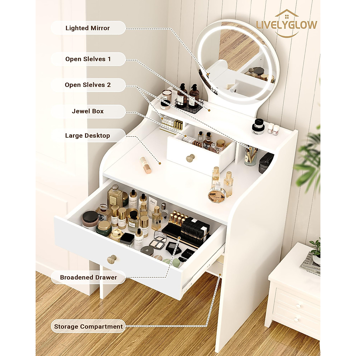 LIVELYGLOW Small Vanity Desk Set with Round Mirror and Light- Vanity Desk with Drawer- White