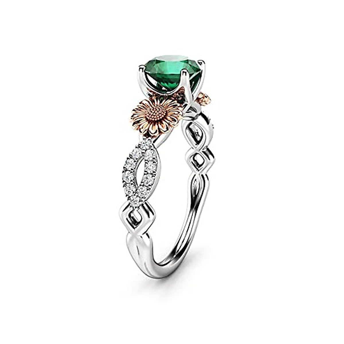 1 CT Round Shape Simulated Green Emerald & White Cubic Zirconia Sunflower Wedding Engagement Ring in 14K White Gold Plated 925 Sterling Silver (1 Cttw) Ring Size -10