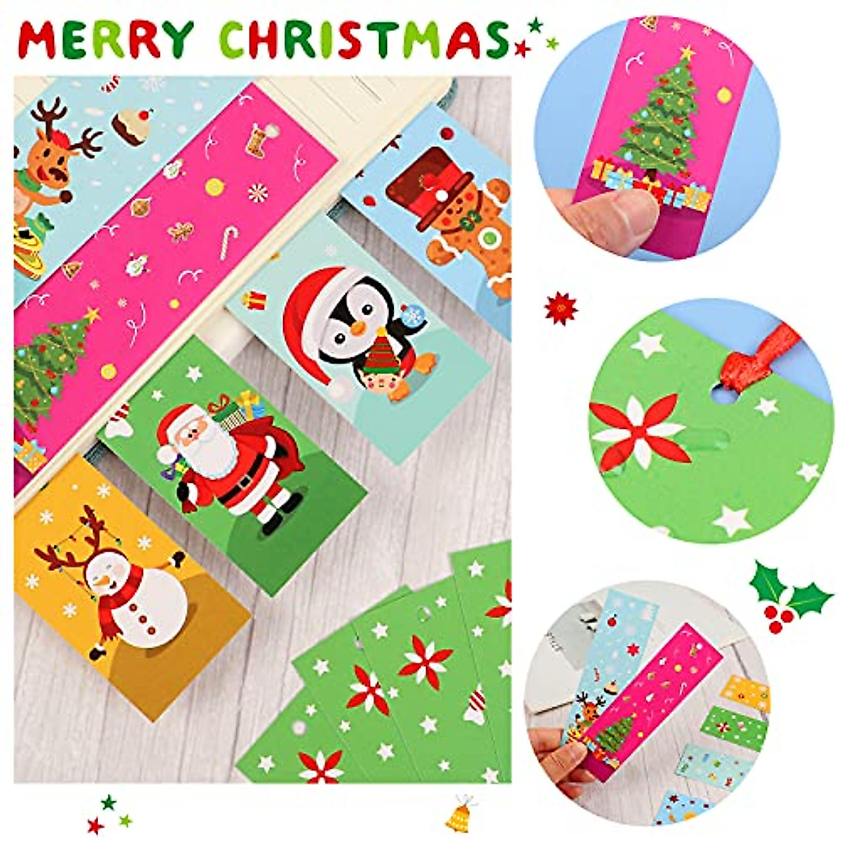 72 PCS Christmas Holiday Bookmarks Christmas Bookmarks Bookmarks for Students Xmas Bookmarks with Santa Snowman Reindeer Christmas Tree Design Christmas Bookmarks for Kids