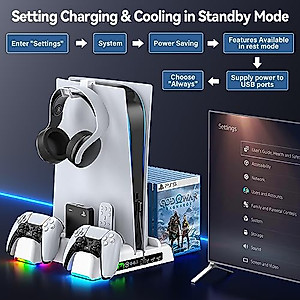 PS5 Stand and Cooling Station with AC Adapter, PS5 Cooling Fan with RGB LED Controller Charging Station for Playstation 5 Console, PS5 Accessories with Controller Charger, 3 USB Hub, Headset Holder