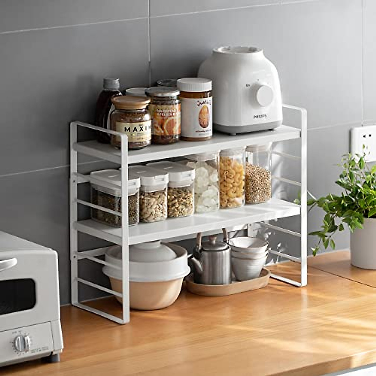 Spakoo Iron Countertop Shelf, Adjustable 3-Tier Cupboard Cabinet Organizers, Non-Perforated Corner Storage Shelves Rack for Kitchen, Bathroom on Table, White