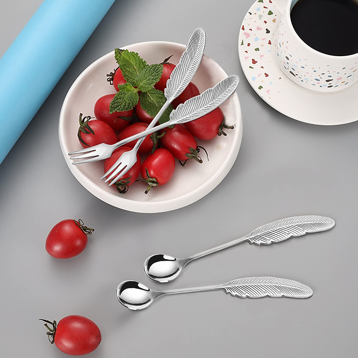 Teaspoons & Dessert Forks Set Feather Shape 18/10 Stainless Steel, Cute Silver Espresso Flatware Set for Dessert Coffee Ice Cream Pudding Condiment, 4pcs Tea Stirring Spoons & 4pcs Appetizer Forks