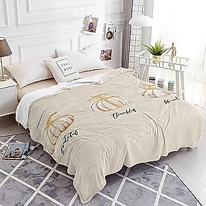 Throw Blanket- Thanksgiving Day Soft Warm Plush Fleece Bed Throw,50x60In Flannel Blankets Retro Pumpkins on Burlap Linen Bedding Throws for Women/Men Bedroom Living Room Office Decor Beige