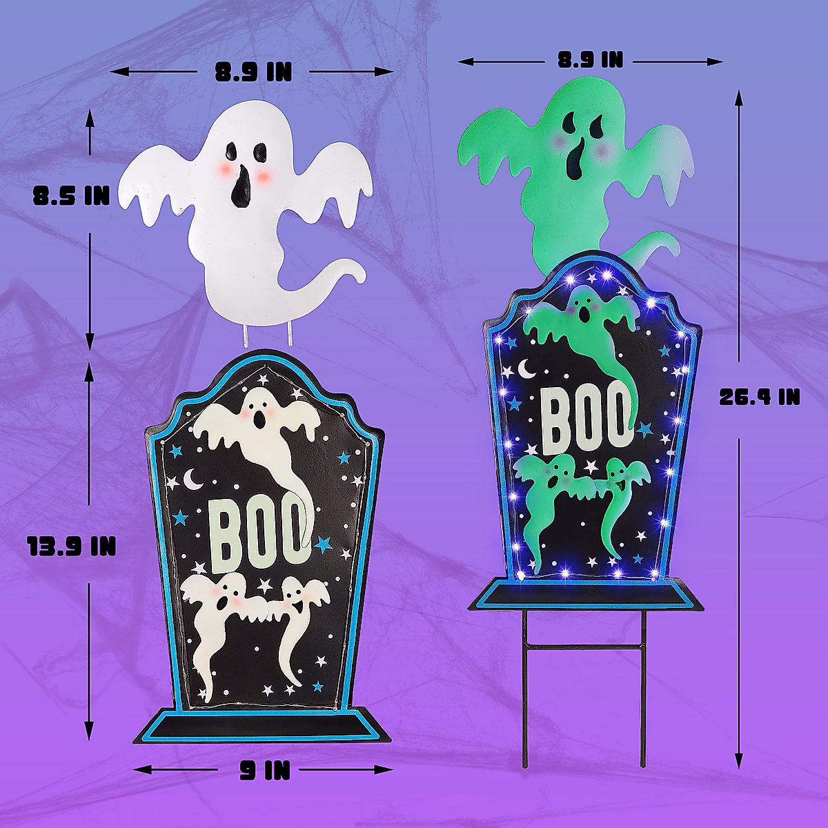 Joliyoou Halloween Yard Stake, 26.4" Solar Lighted Metal Tombstone with Glow in The Dark Ghosts, 18 LED Purple Lights Spooky Yard Sign for Outdoor Front Door Yard Lawn Garden Decors
