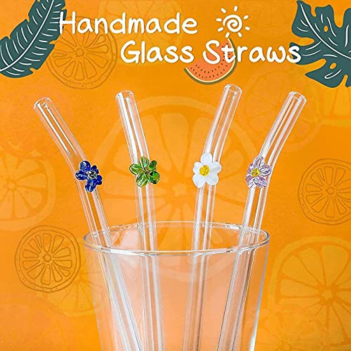 KIGOTWIN Reusable Glass Straw with Flower ,Colorful Shatter Resistant Bend Straws Cocktails Bar Accessories with Cleaning Brush (8), Blue,Green,White,Grey,Pink,Purple