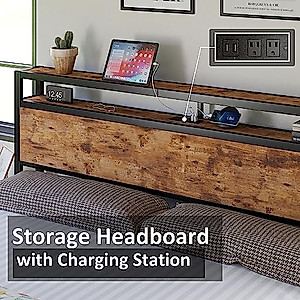 AMERLIFE King Size Bed Frame Industrial Platform Bed with Charging Station, 2-Tier Storage Headboard/No Box Spring Needed/Noise-Free/Dark Brown