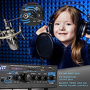 Pyle Home Audio Power Amplifier System - 2X120W Dual Channel Mixer Sound Stereo Receiver Box w/RCA, USB, AUX, Headphone, Mic Input, LED - for PA, Theater, Home Entertainment, Studio Use - Pyle PTAU55