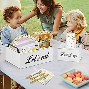 Paper Plate Holders for Kitchen Countertop, Wooden Utensil Caddy with Large Cup Holder, Disposable Paper Plate Organizer Silverware Caddy for Plate, Cup, Fork, Spoon, Napkin, Condiment (Set of 2)