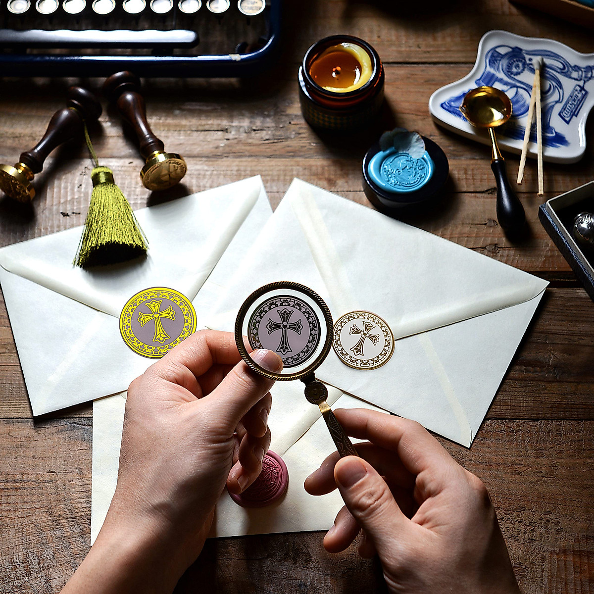 Gold Foil Cross Stickers, 1.5 inch 500 Foil Self-Adhesive Religious Stickers Round Labels for Baptism Party, Envelope Seals, Christening, Wedding Decoration