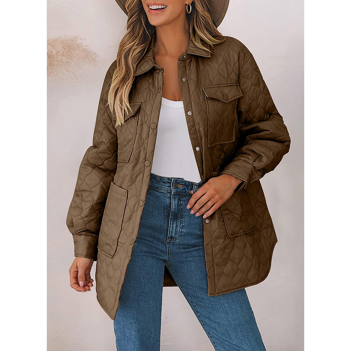 EVALESS Diamond Quilted Jackets for Women Lightweight Collar Long Sleeve Button Down Puffer Jacket Fall 2024 Coat Outerwear with Pockets Brown Medium