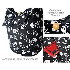 FULLY LINED Skull Hippie Hobo Sling Crossbody Bag - Large Front Phone Pocket - Metal Zippers