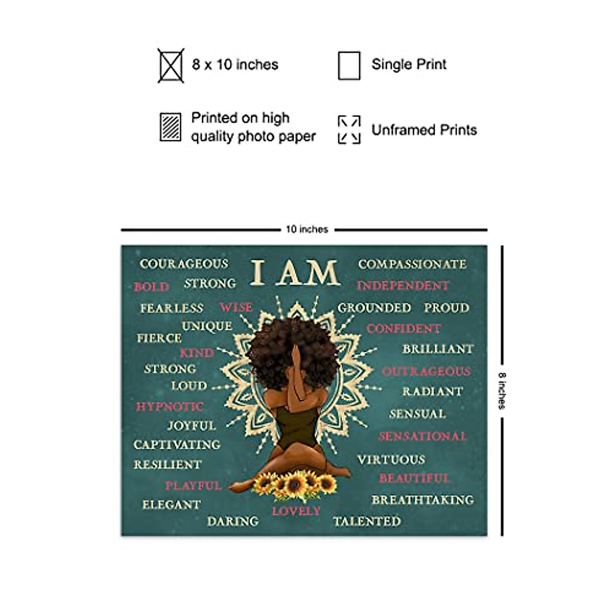 African American Black women Wall Art & Decor -Motivational Inspirational Wall Decor - I Am Positive Affirmations Poster - Zen Meditation New Age Home Decor - Encouragement Gifts - Positive Quotes