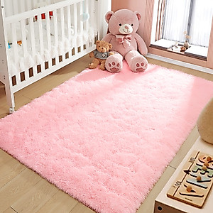 LOCHAS Ultra Soft Indoor Modern Area Rugs Fluffy Living Room Carpets for Children Bedroom Home Decor Nursery Rug 4x5.3 Feet, Pink