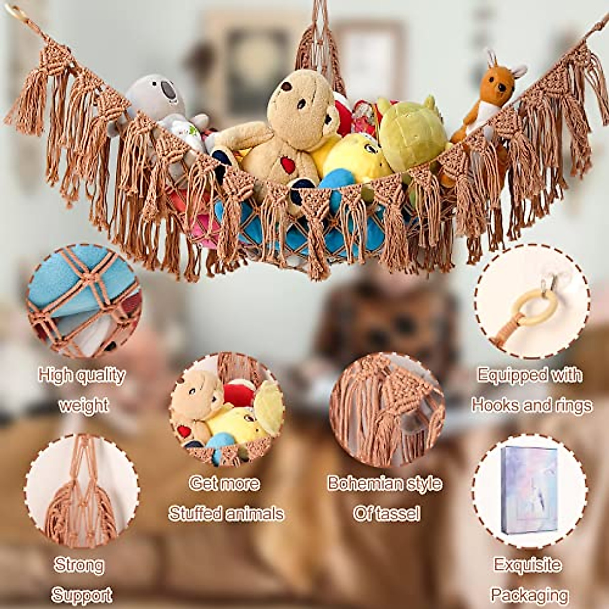 HKCDUUT Stuffed Animal Hammock, Macrame Boho Plush Toy Storage Net, Hanging Hammock for Stuffed Animals Pet, Wall Corner Toy Storage Holder Teddy Bear Net for Nursery Kids Bedroom, Caramel