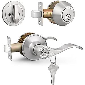 Keyed Alike Lever Set with Single Cylinder Deadbolt, Reversible Wave Style Satin Nickel Lockset, Lever Door Handle with Key and Lock for Bedroom, Front Door 4 Pack