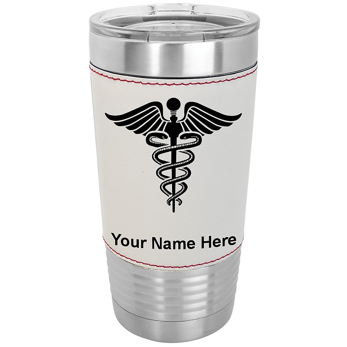 LaserGram 20oz Vacuum Insulated Tumbler Mug, Caduceus Medical Symbol, Personalized Engraving Included (Faux Leather, Baseball Style)