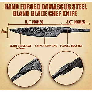 Custom Hand Forged Damascus Steel Blank Blade Chef Knife - Kitchen Knife Forged Bolster Damascus Billet Bar Handmade Knife Making Supply | Hercules Knives