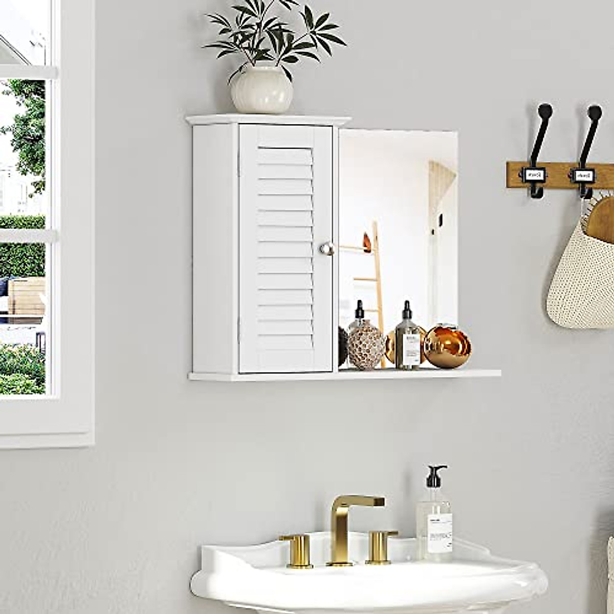 Spirich Home Bathroom Wall Cabinet with Mirror, Wall Mounted Storage Cabinet Over The Toilet, Hanging Medicine Cabinet with A Door, White