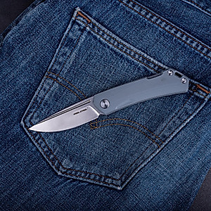 Real Steel Luna Maius ECO EDC Folding Knife - Backlock, Gray G10 Handle, 10Cr15CoMov Blade - Unique Christmas Birthday Gifts for Him, Cool Survival Knife for Emergency Rescue Hiking