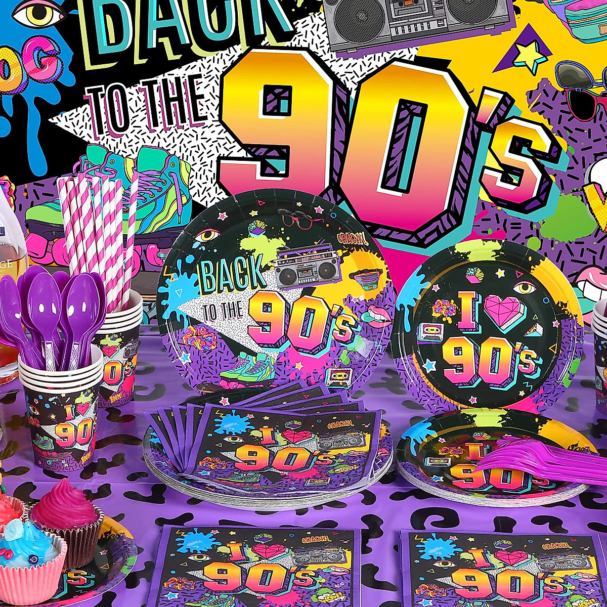 90s Party Decorations 90s Theme Backdrop Latex Balloons Back to The 90's Tablecloth Party Tableware Set 90's Paper Plates Napkins Knife Forks Flatware for Birthday Hip Hop Graffiti Supplies