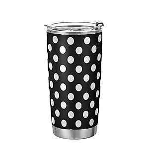 Yasala Tumbler Polka Dot Black White Insulated Coffee Cup Beverage Container Travel Mug with Straw and Lid Double Wall Stainless Steel 20oz BPA-Free for Sport, Back to School