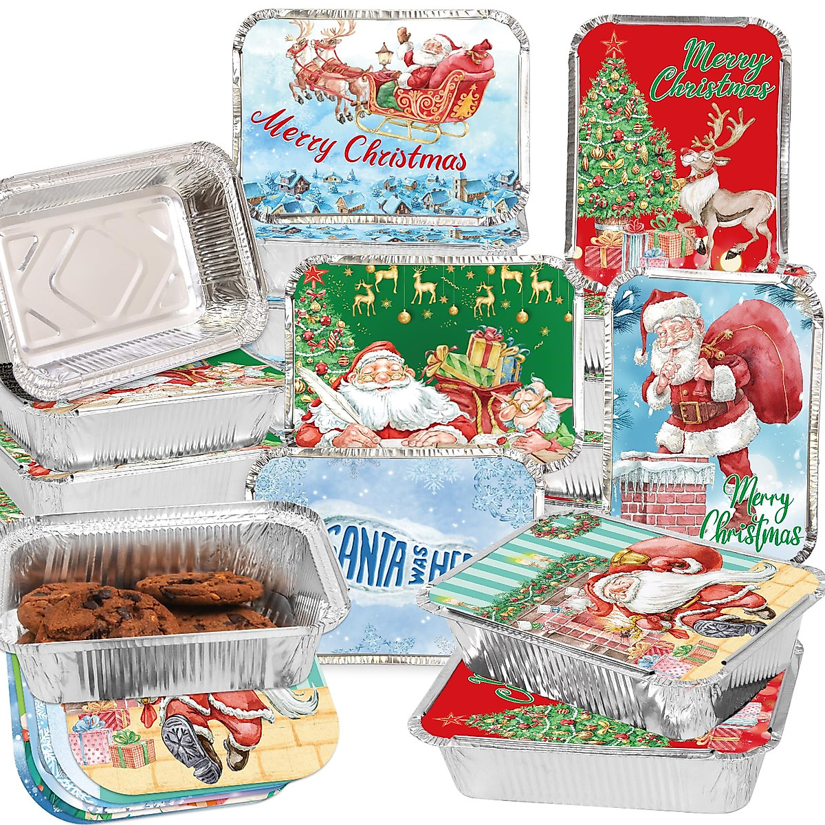WorldBazaar Christmas Leftover Containers with Lids 36PCS Santa Christmas Aluminum Food Containers with Lids Disposable Watercolor Goodie Sacks Containers Winter Holiday Party Supply