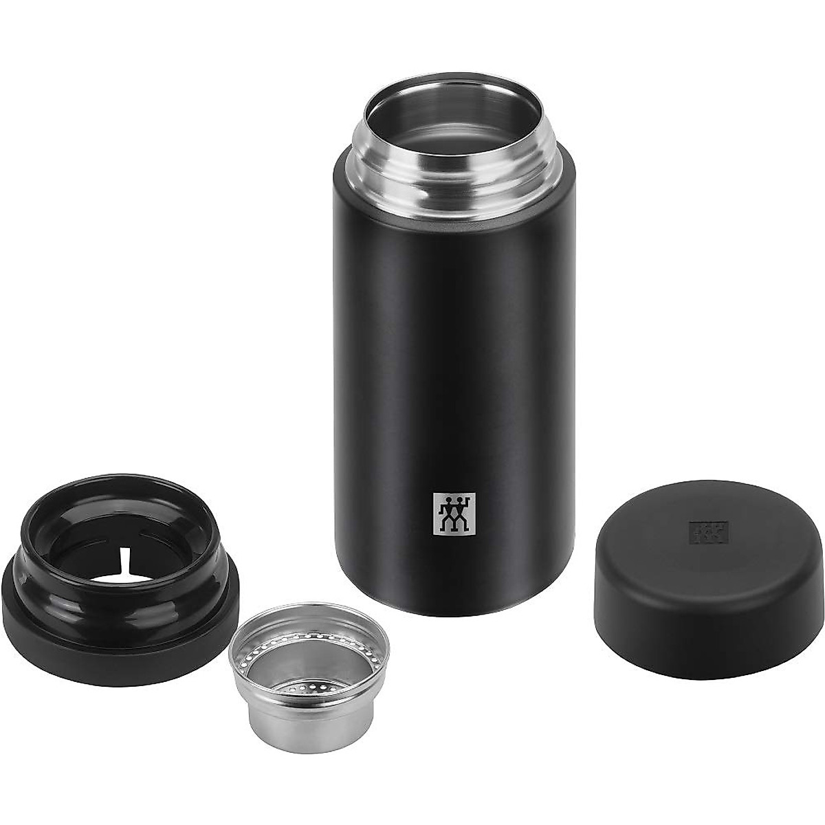 Zwilling Thermo Thermos Flask, Integrated Filter Insert, Vacuum Flask for Tea & Infused Water, Double Wall Insulation, 420 ml, Height: 17,2 cm, Black