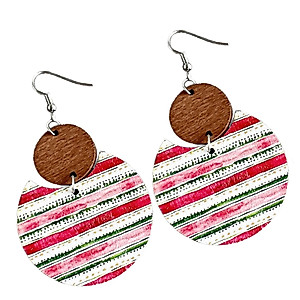 Colorful Christmas Plaid Round Wooden Dangle Earrings Dainty Christmas Plaid Snowflake Deer Tree Flower Print Earrings for Women Jewelry(E)