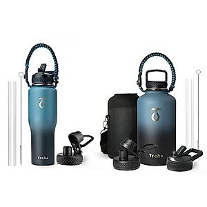 Trebo Water Bottle 32oz/64oz with Paracord Handle, Half Gallon Food-grade Double Wall Vacuum Stainless Steel Insulated Jug with Straw Spout Lids, Leakproof Keep Cold & Hot, Ombre: Indigo/Black