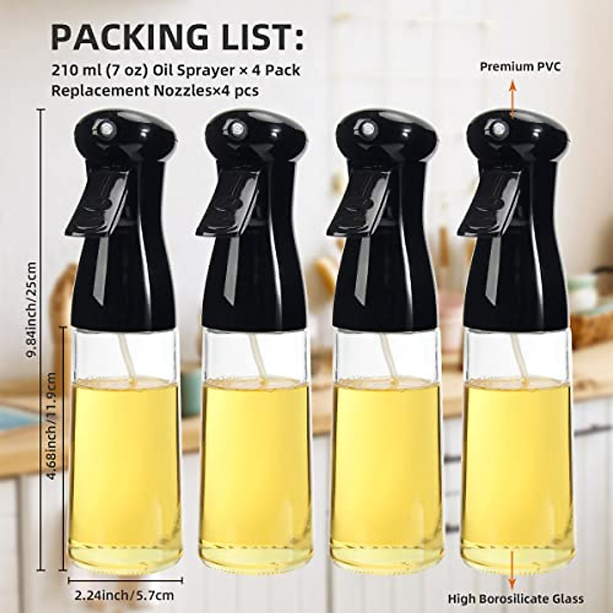 WERTIOO Olive Oil Sprayer for Cooking 4 Pack, 7.4oz/210ml Glass Olive Oil Spray Bottle Refillable Kitchen Accessories Oil Mister for Air Fryer, Salad, Baking, BBQ