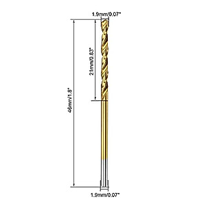 uxcell High Speed Steel Straight Shank Twist Drill Bit Fully Ground Titanium Coated 1.9mm Drill Diameter 46mm Total Length 21mm Drill Bit Length 6 Pcs