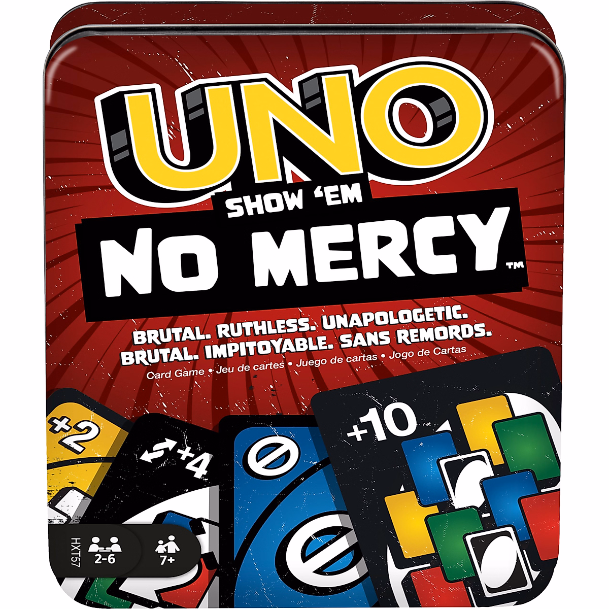 Mattel Games UNO Show ‘em No Mercy Card Game in Storage & Travel Tin for Kids, Adults & Family Night with Extra Cards, Special Rules & Tougher Penalties (Amazon Exclusive)
