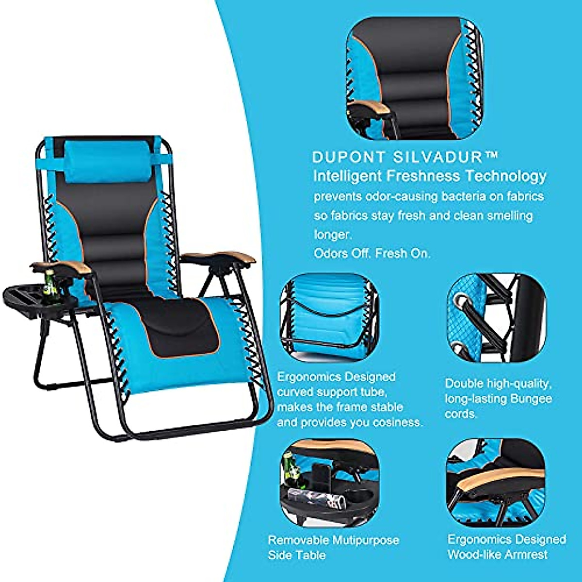 VOYSIGN Oversized Reclining Patio Chair, XL Padded Adjustable Zero Gravity Lounge Chair w/Pillows and Cup Holder Trays, Support 350 lbs - Sky Blue