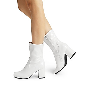 DREAM PAIRS Women's Go Go Boots Mid Calf Low Block Heel Boots Zipper Square Toe Ankle Boots For Party Cosplay Dance,Size 8.5,WHITE-PAT,SDMB2301W