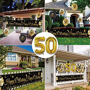 50th Birthday Decorations for Men Women, Black Gold Happy 50th Birthday Banner Yard Sign with 17pcs Happy Birthday Balloons, 50 Birthday Decoration Anniversary Party Supplies Yard Decor(9x1.2ft)