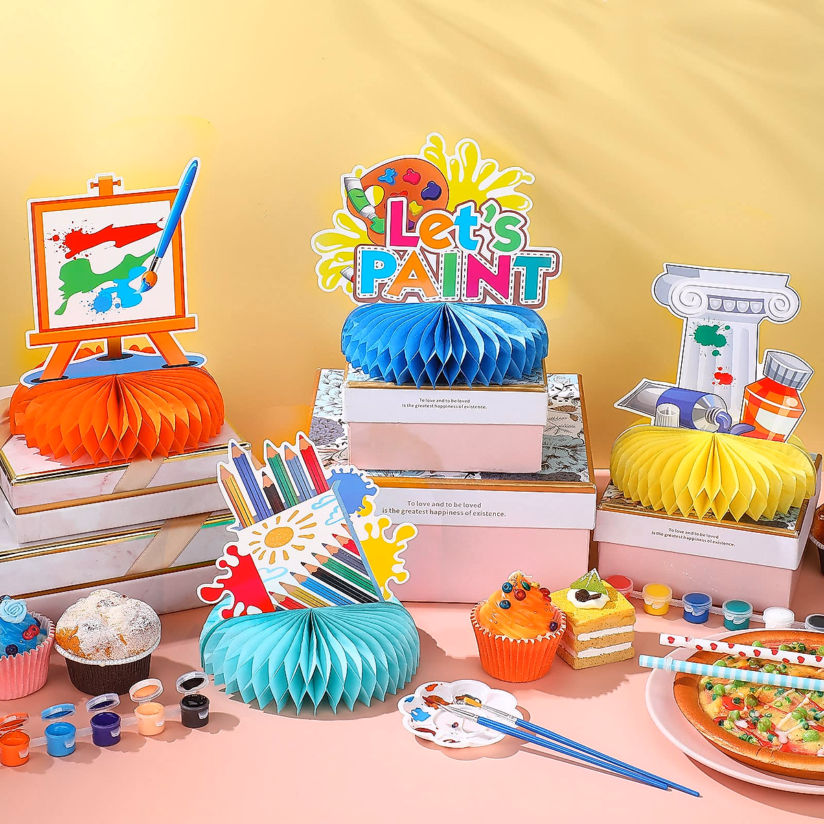 Gersoniel 9 Pieces Paint Party Decorations Art Honeycomb Centerpiece Paint Splatter Party Supplies for Art Painting Theme Birthday Party Baby Shower Decorations