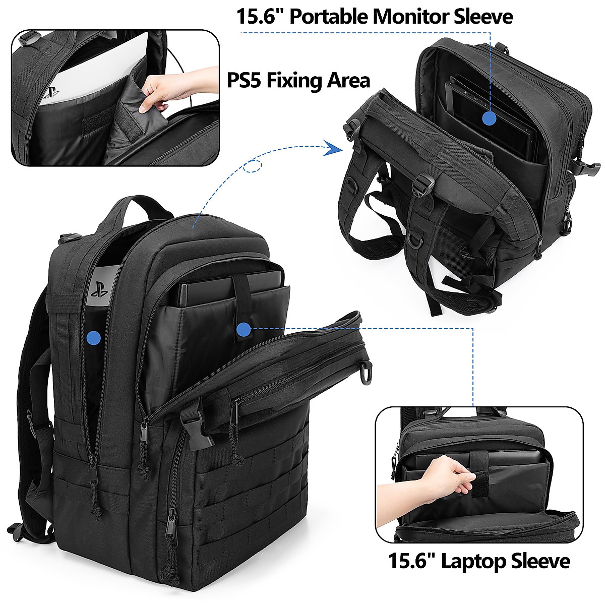 PGmoon Tactical Game Backpack Compatible with PS5/PS5 Slim/PS5 Pro/PS4 Console, Travel Carrying Case Storage Bag for 15.6" Laptop, Portable Monitor, Controller and Other Gaming Accessories