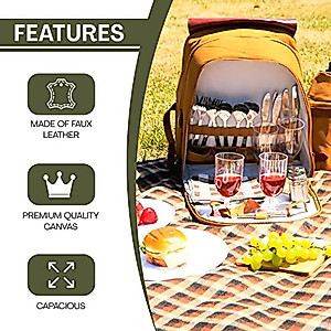 Picnic Backpack - Canvas and Faux Leather Picnic Backpack for 4 – Insulated Picnic Basket for 4 and Picnic Set - Picnic Basket w/a Fleece Picnic Blanket, Dinner Plates and Cutlery Set