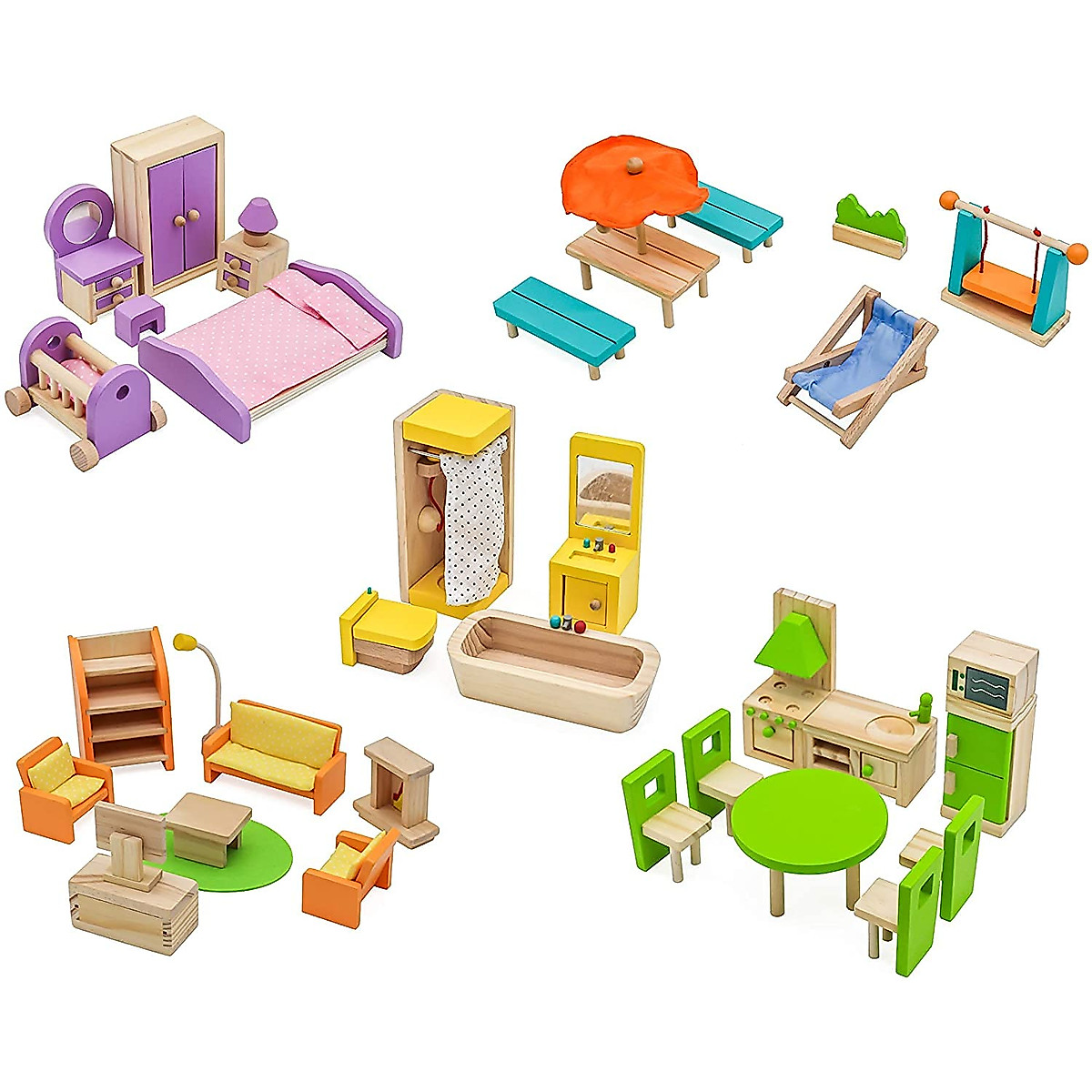 Pidoko Kids Dollhouse Furniture -Fully Furnished Bundle Set - (42 Pcs for 5 Rooms) - Wooden Toys