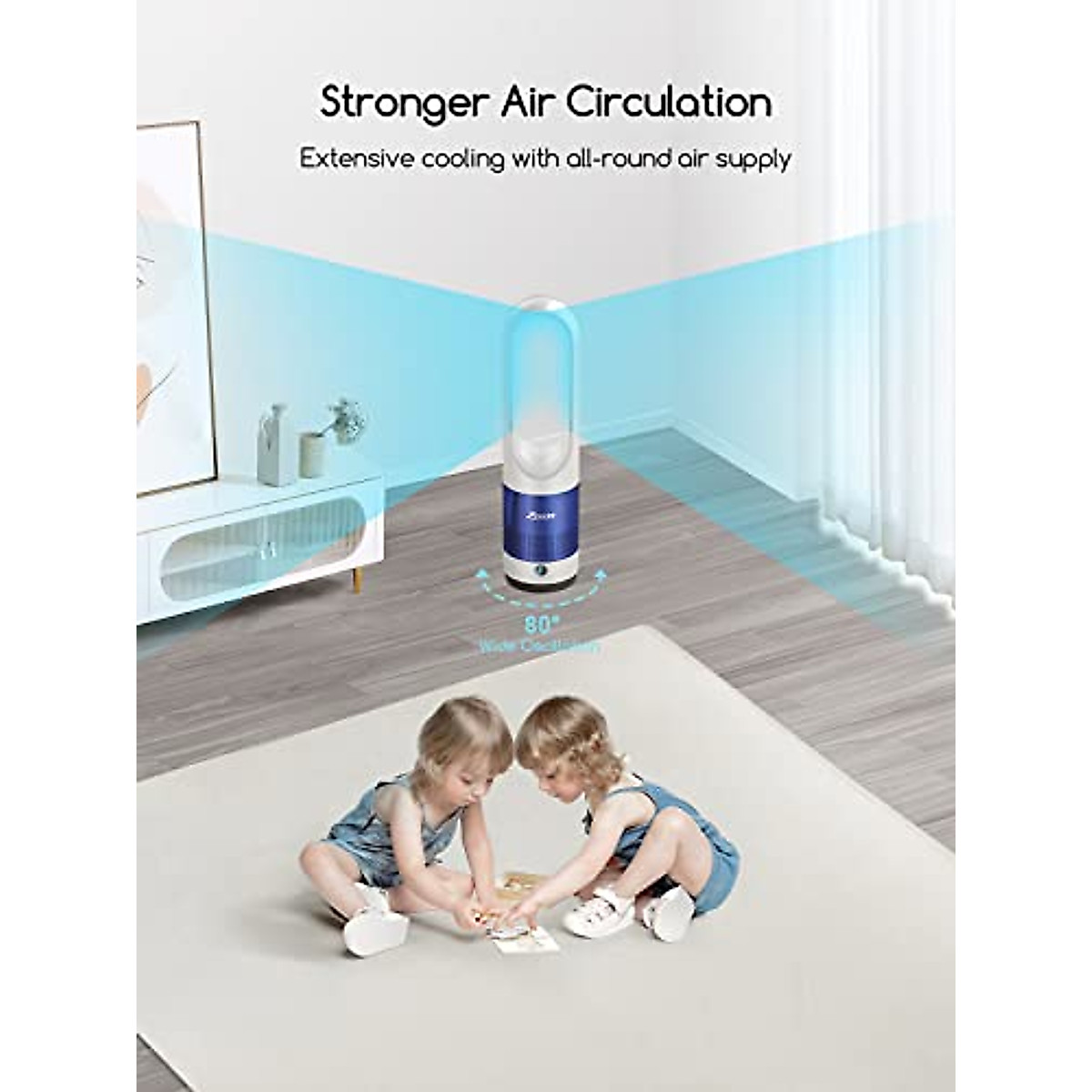 ZICOOLER Bladeless Fan, 22" Tower Fan with Remote, 8 Speeds, 9H Timer, 80°Swing, Oscillating Fans for Home, 35dB Quiet DC Standing Floor Fan for Bedroom